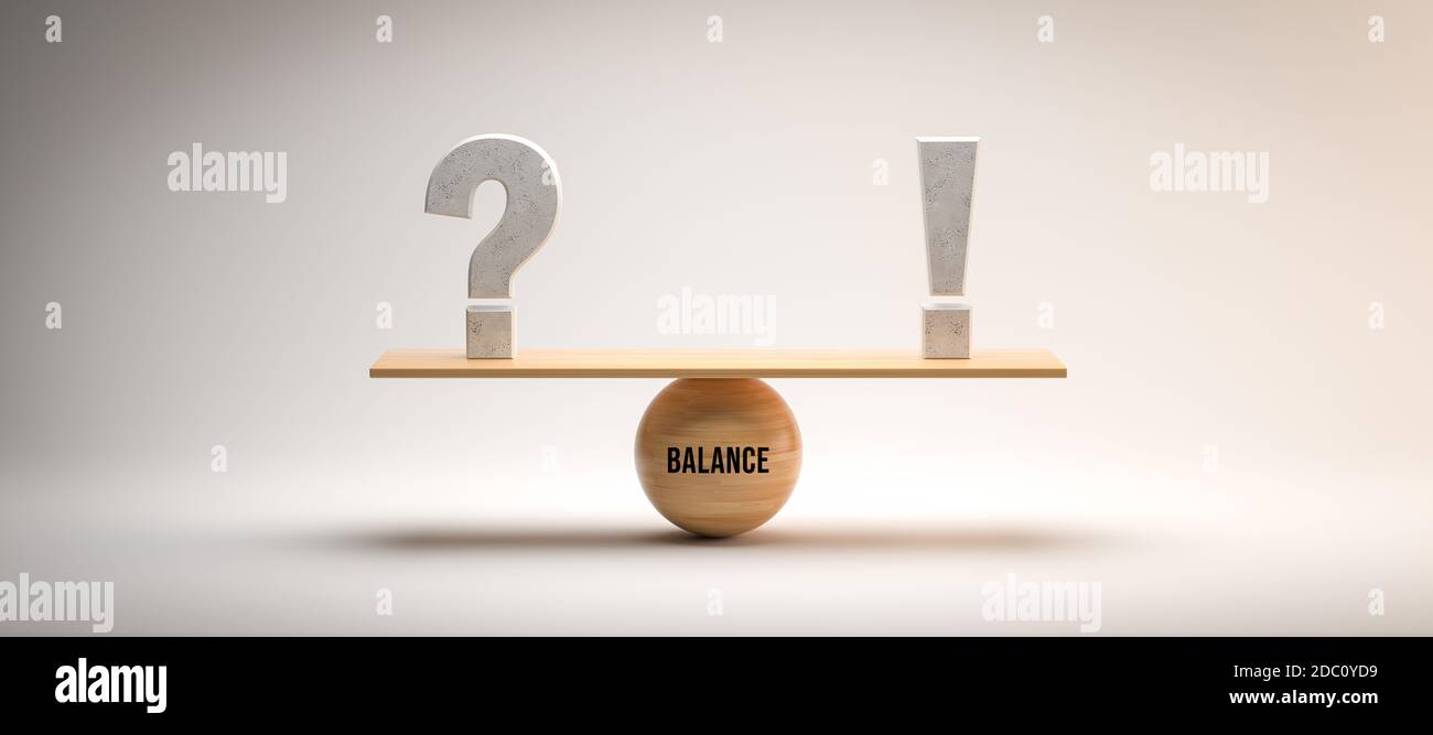 wooden scale balancing a question mark and an exclamation mark on white ...