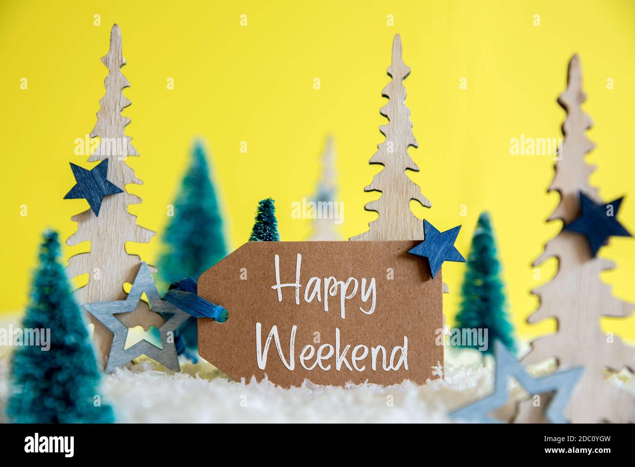 Label With English Text Happy Weekend. Christmas Trees With Star ...