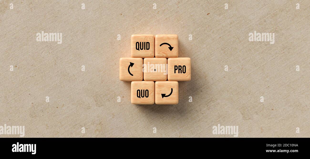 cubes with message QUID PRO QUO as a circle on paper background - 3d ...