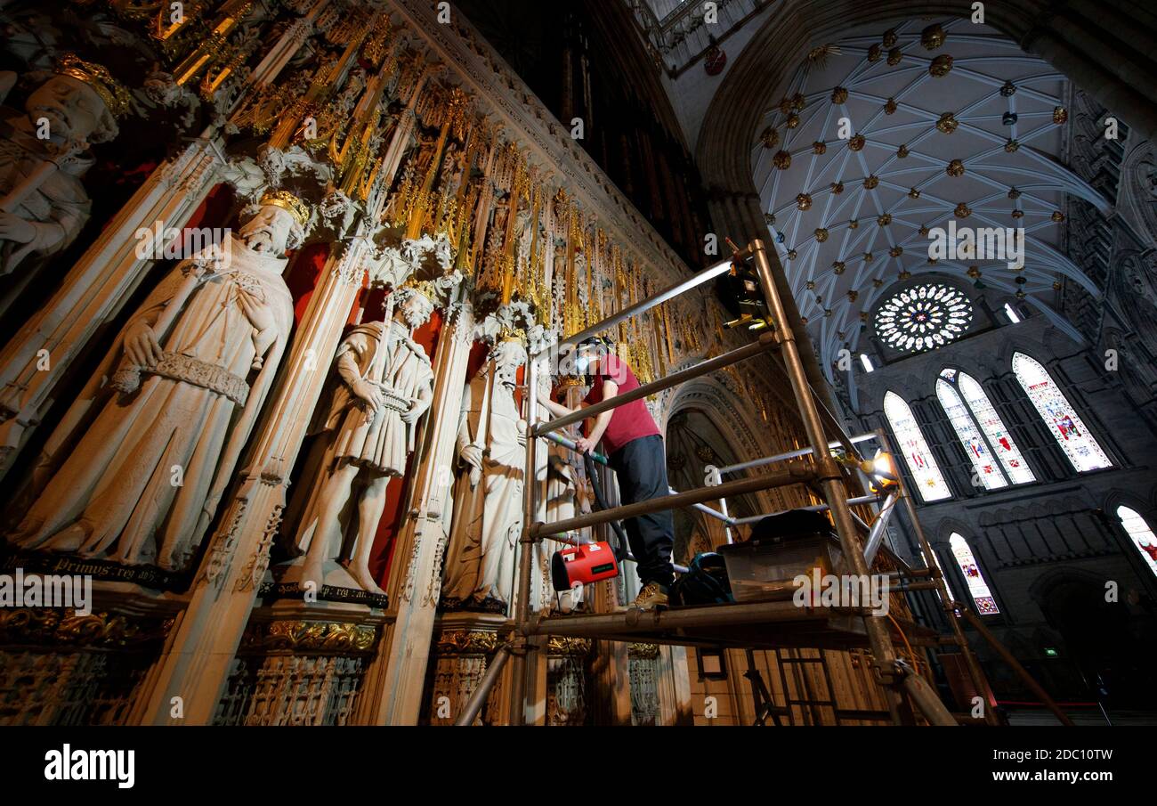 Lead Mason Conservator Lee Godfrey workers using museum grade vacuums ...