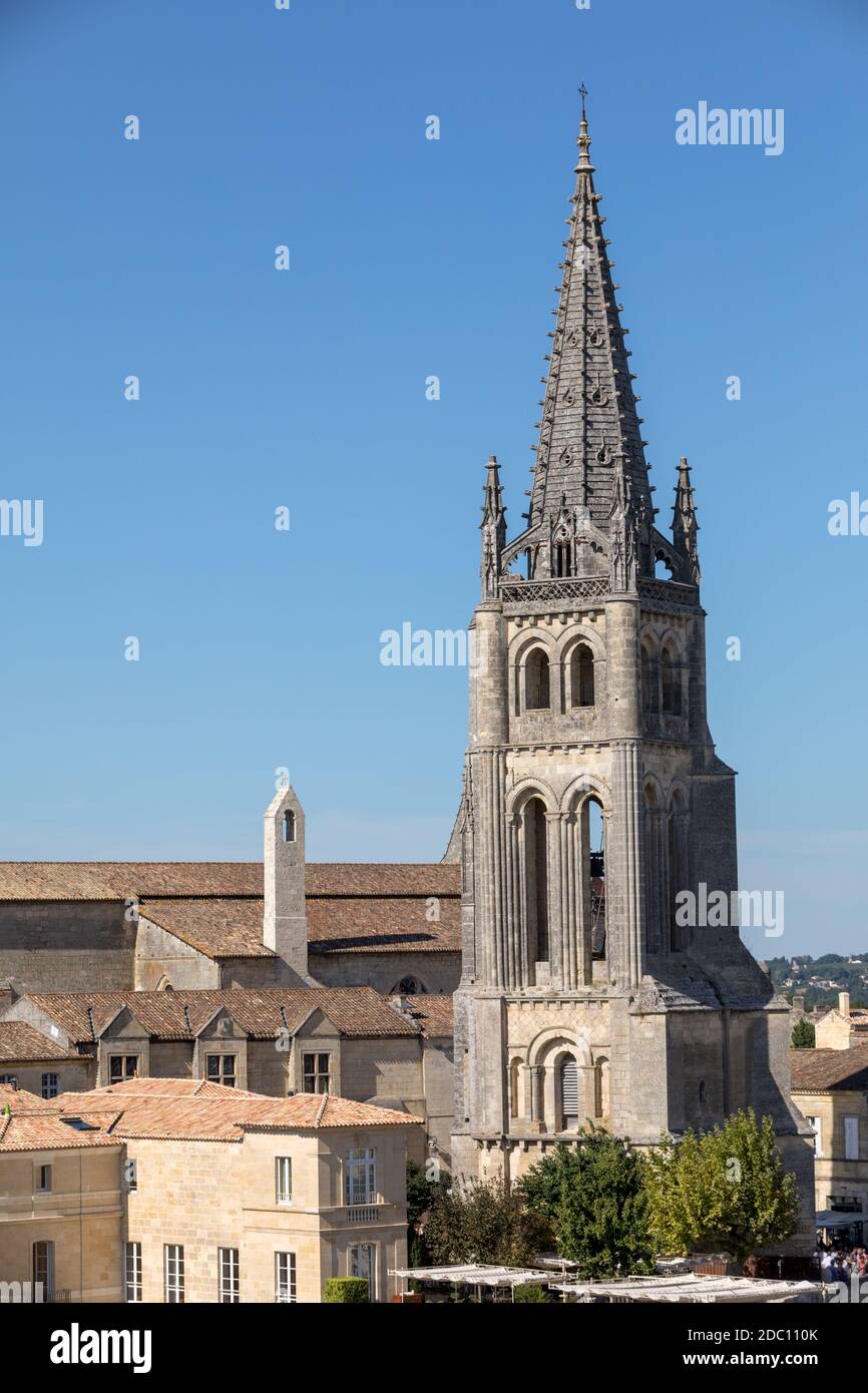 Bell tower of Monolithic Church in Saint Emilion. France. St Emilion is ...