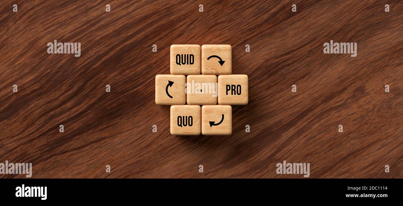 cubes with message QUID PRO QUO as a circle on wooden background - 3d ...