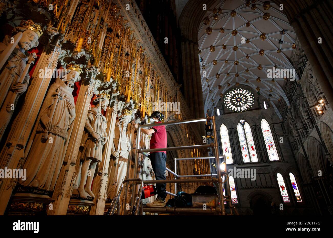 Lead Mason Conservator Lee Godfrey workers using museum grade vacuums ...