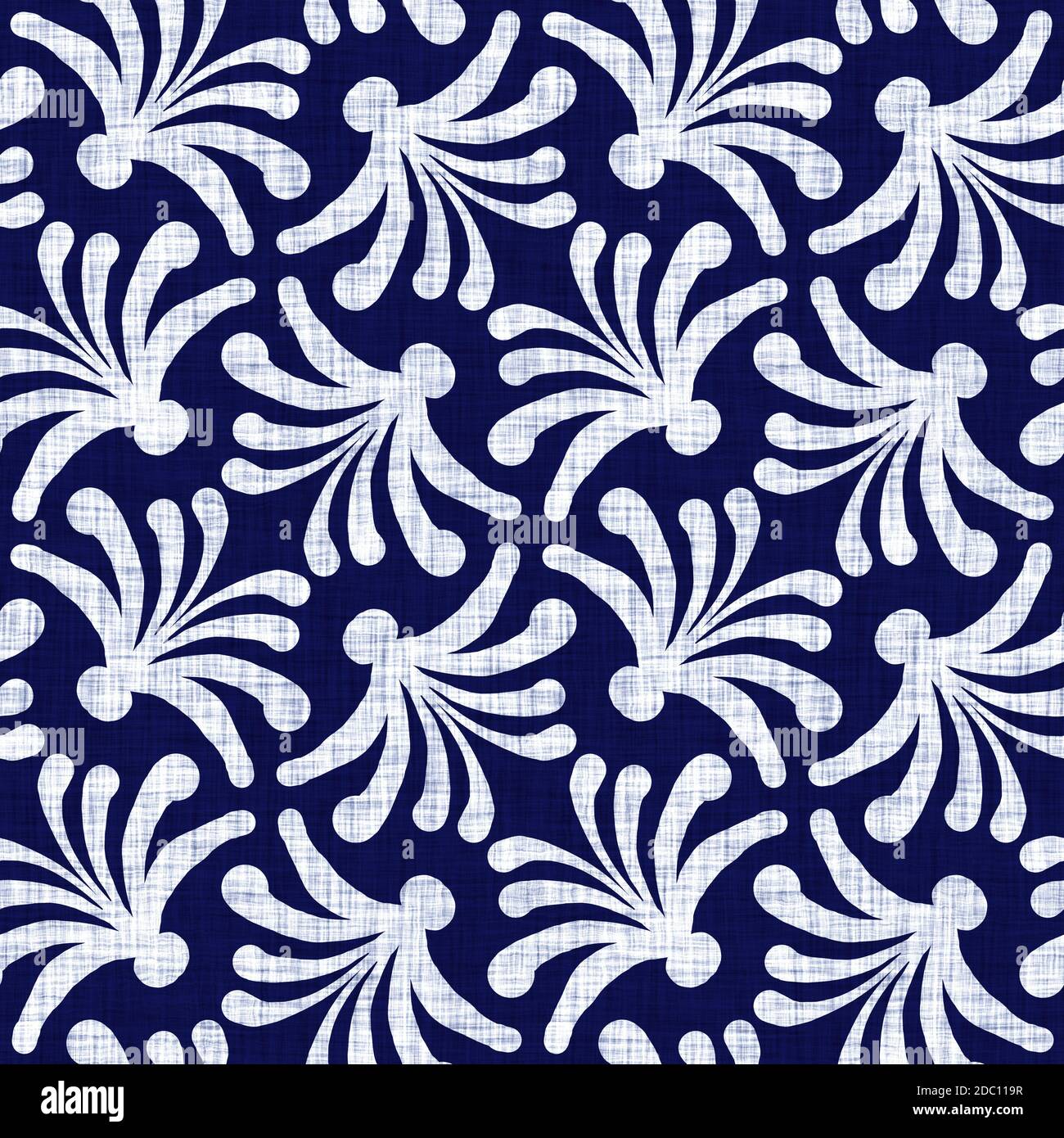 Indigo blue flower block print dyed linen texture background. Seamless ...