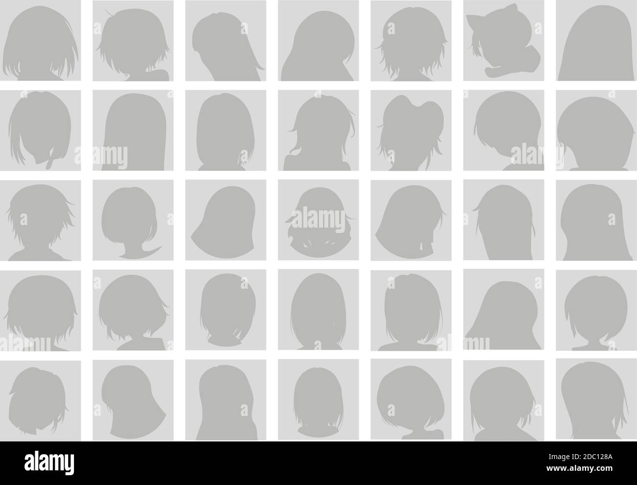Vector Big Set of Anime Faces with Hair. Flat Gray Icons of Girls for ...