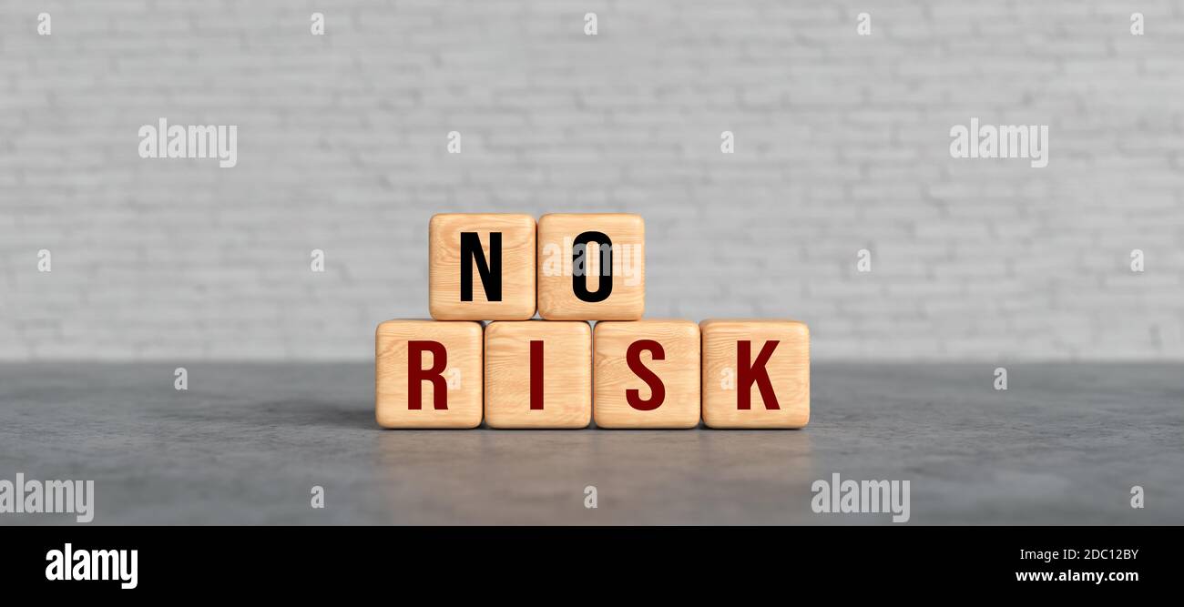 wooden cubes with the word NO RISK in front of a brick wall - 3d ...