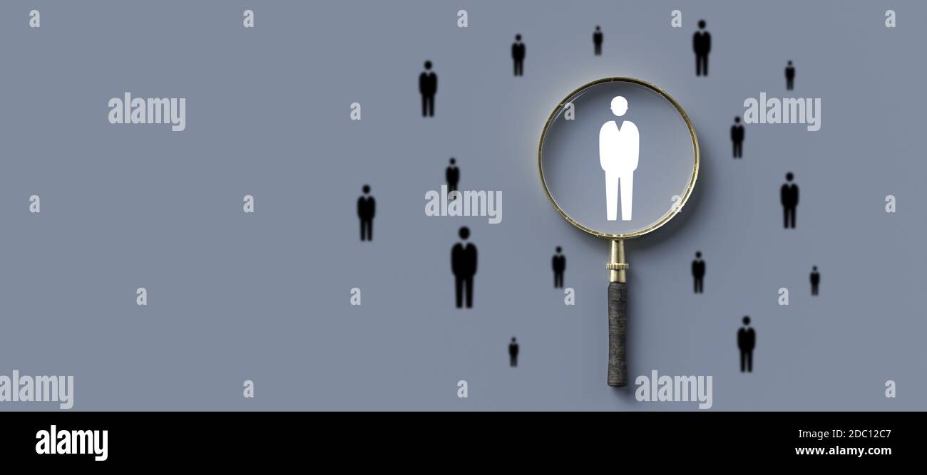 magnifying glass highlighting a person icon in a group of peoples on ...