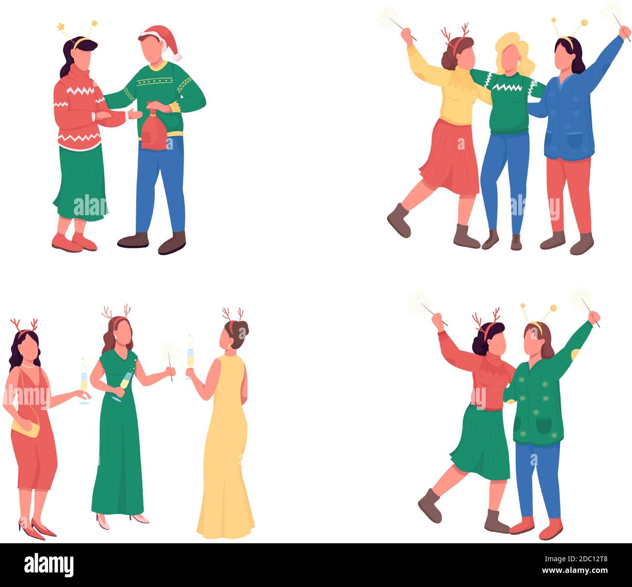 Friends on Christmas party flat color vector faceless character set ...