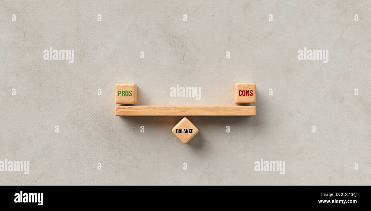 cubes forming scale with the words PROS, CONS and BALANCE on concrete ...