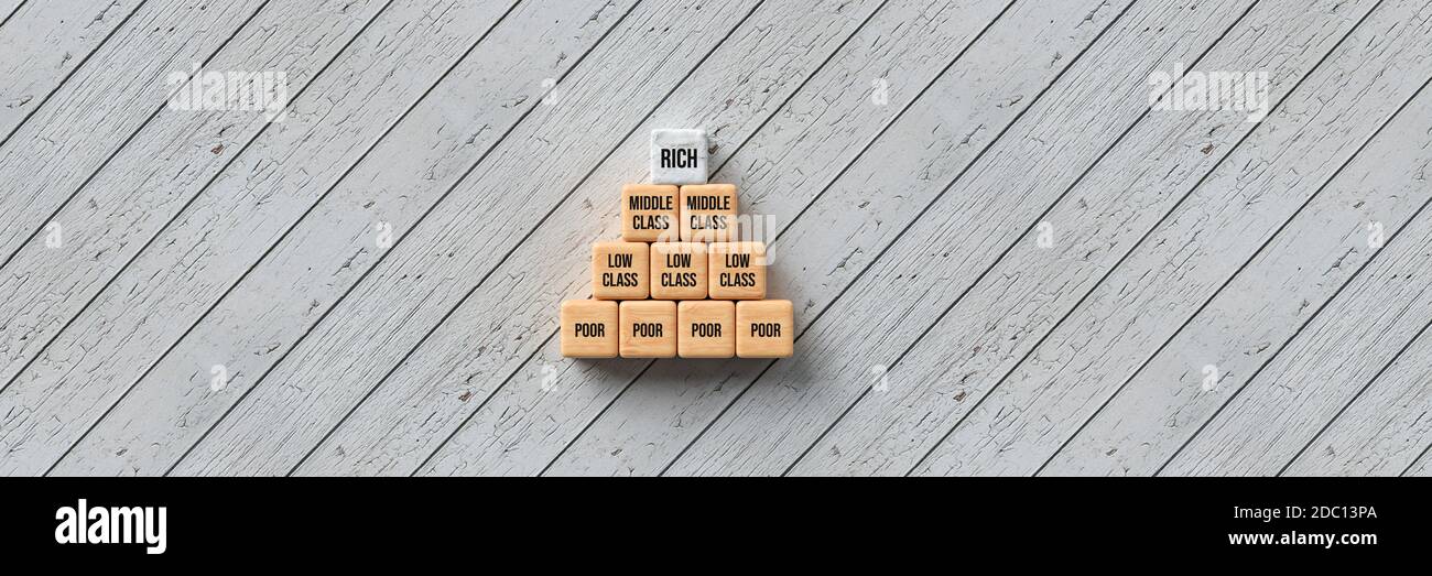 cubes with message HIGH CLASS, MIDDLE CLASS, LOW CLASS on wooden ...