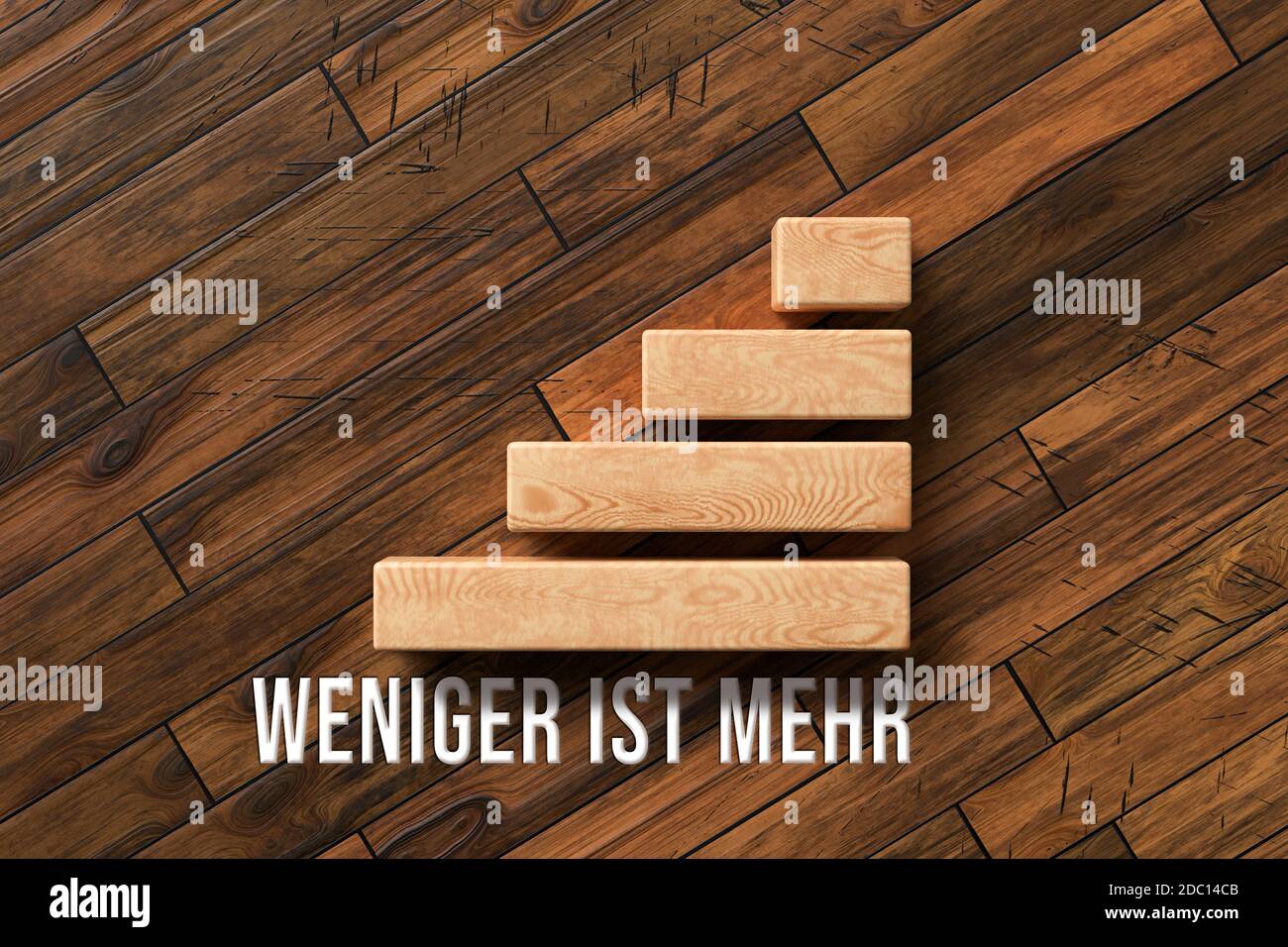 cubes and German message for LESS IS MORE on wooden background - 3d ...