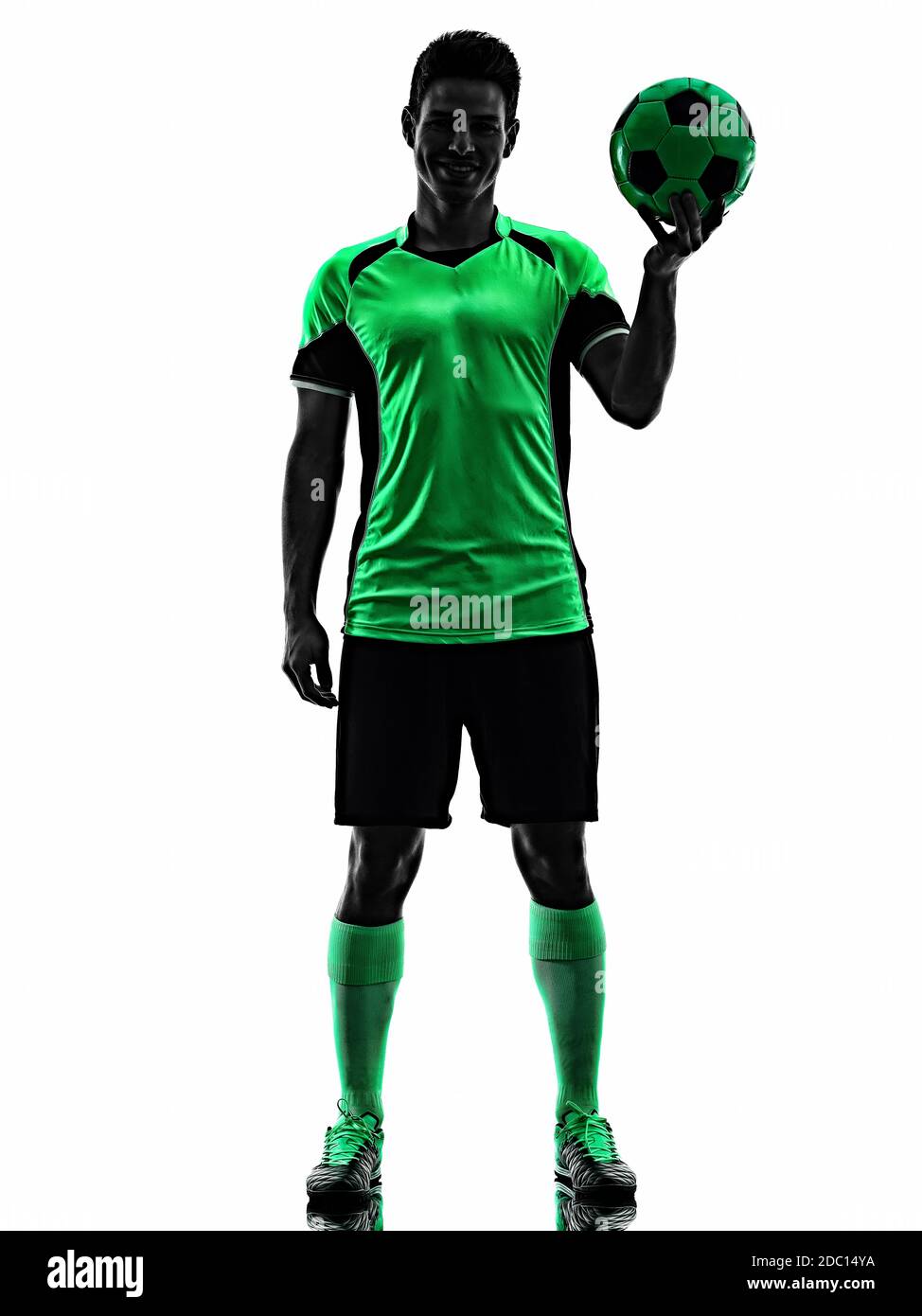one young caucasian soccer player silhouette shadow in studio isolated ...