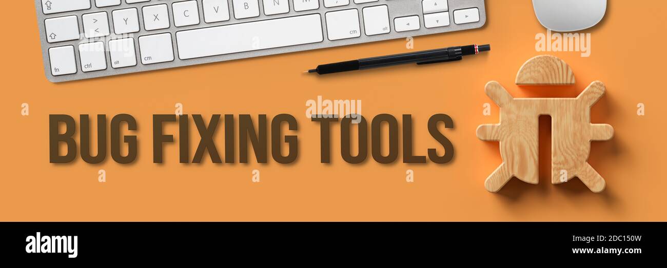 bug icon with message BUG FIXING TOOLS and office items on orange ...