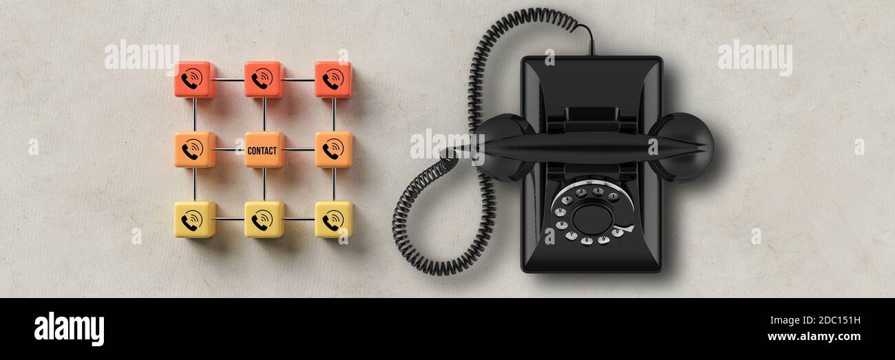 cube grid with telephone icons and a vintage phone on concrete ...