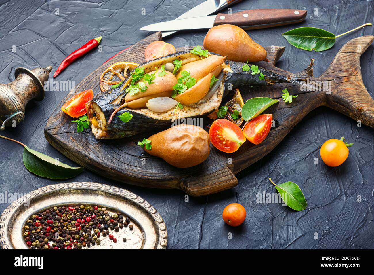 Baked mackerel fish stuffed with autumn pear.Seafood Stock Photo - Alamy