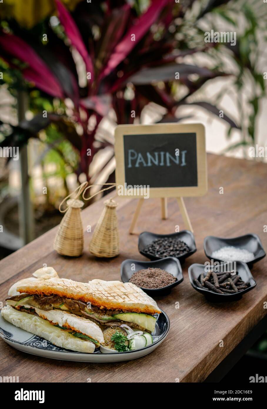 vegan roasted vegetable toasted panini sandwich in rustic garden table ...