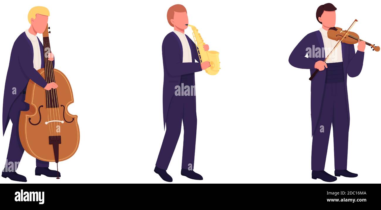 Orchestra musicians with musical instruments flat color vector faceless ...