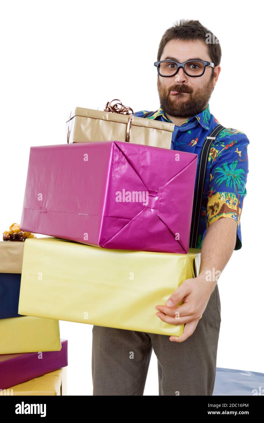 happy silly salesman with some boxes, isolated on white Stock Photo - Alamy