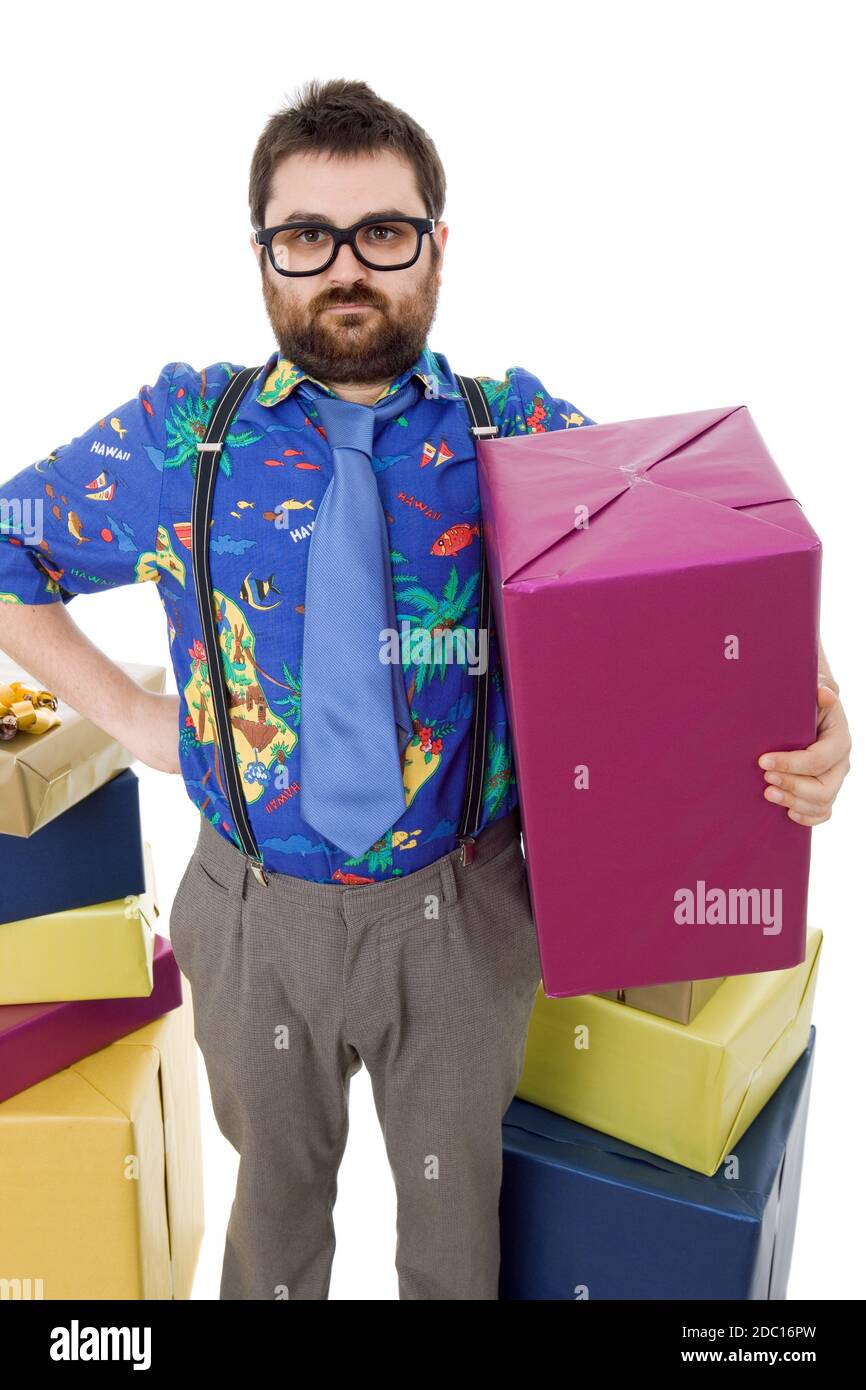 happy silly salesman with some boxes, isolated on white Stock Photo - Alamy