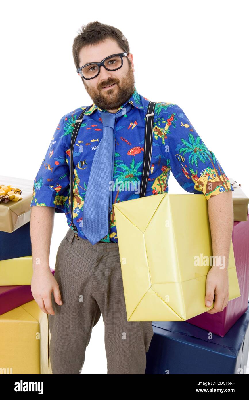 happy silly salesman with some boxes, isolated on white Stock Photo - Alamy