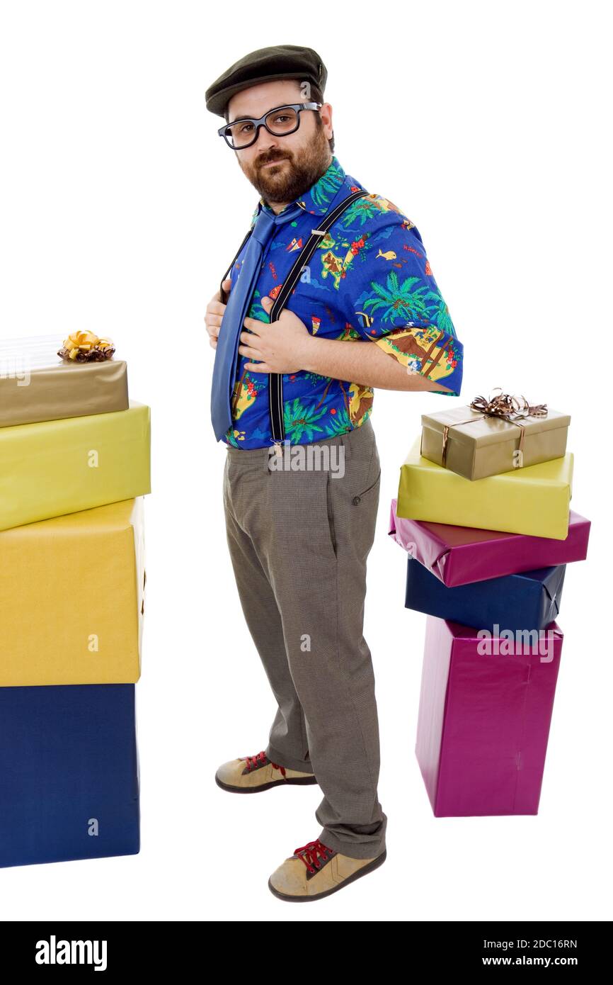 happy silly salesman with some boxes, isolated on white Stock Photo - Alamy