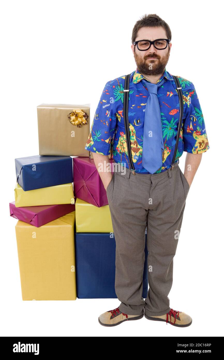 happy silly salesman with some boxes, isolated on white Stock Photo - Alamy