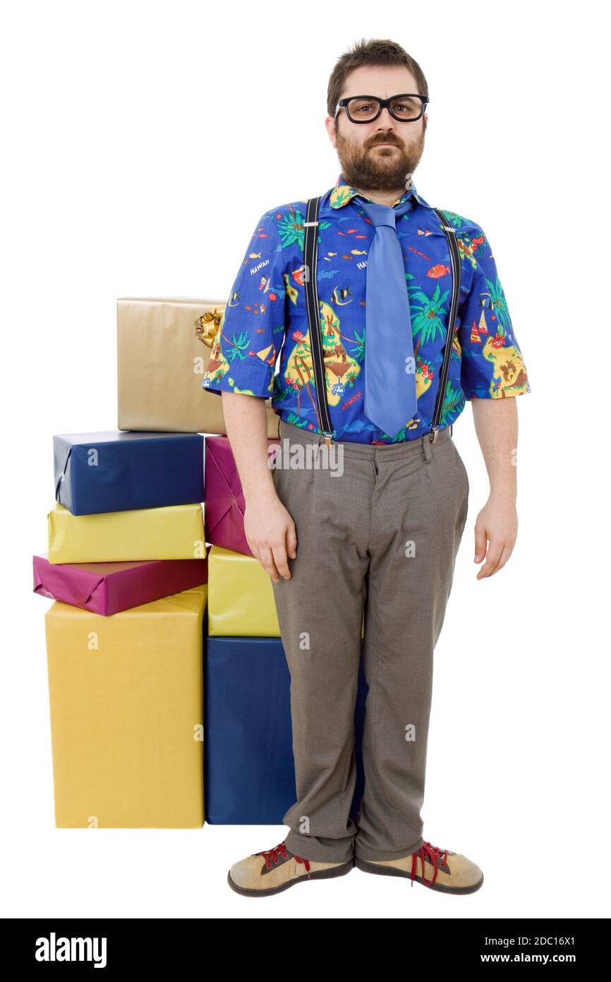 happy silly salesman with some boxes, isolated on white Stock Photo - Alamy