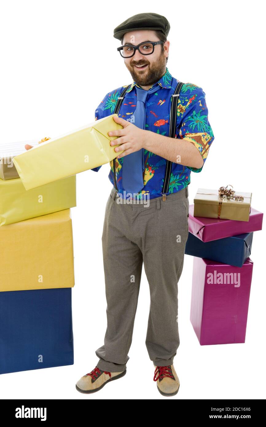 happy silly salesman with some boxes, isolated on white Stock Photo - Alamy