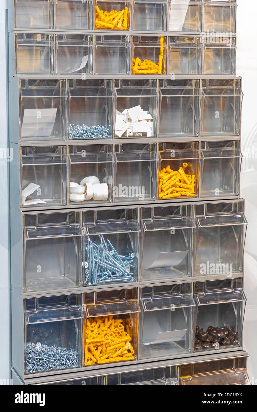 Platic Shelf Rack for Small Parts at Wall Storage Stock Photo - Alamy