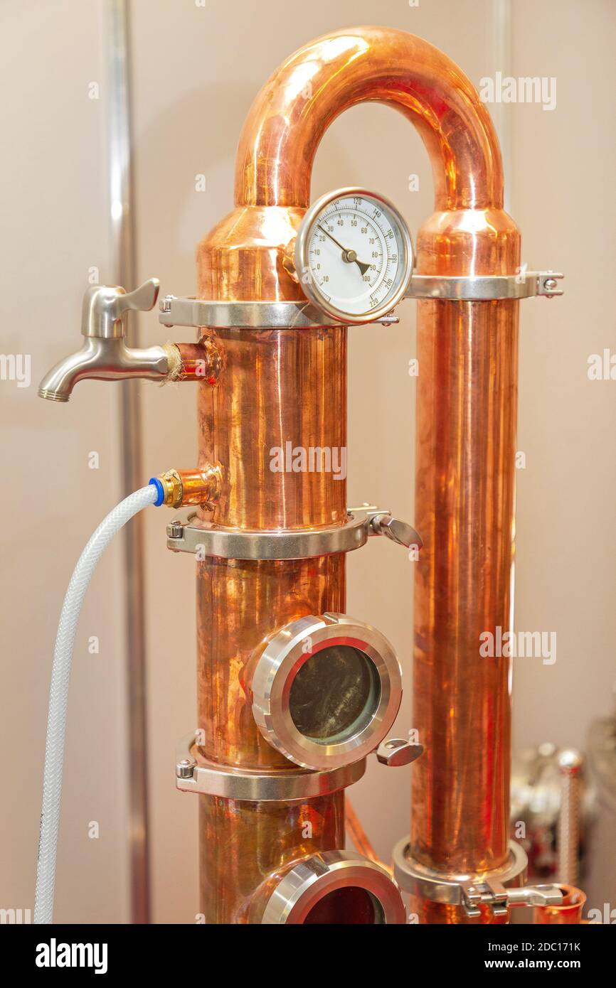 Alcohol Temperature Gauge at Copper Still Pipe Distillery Brewery Stock ...