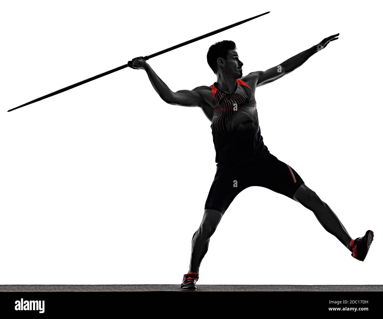 one young caucasian athlete man practicing Javelin athletics in studio ...