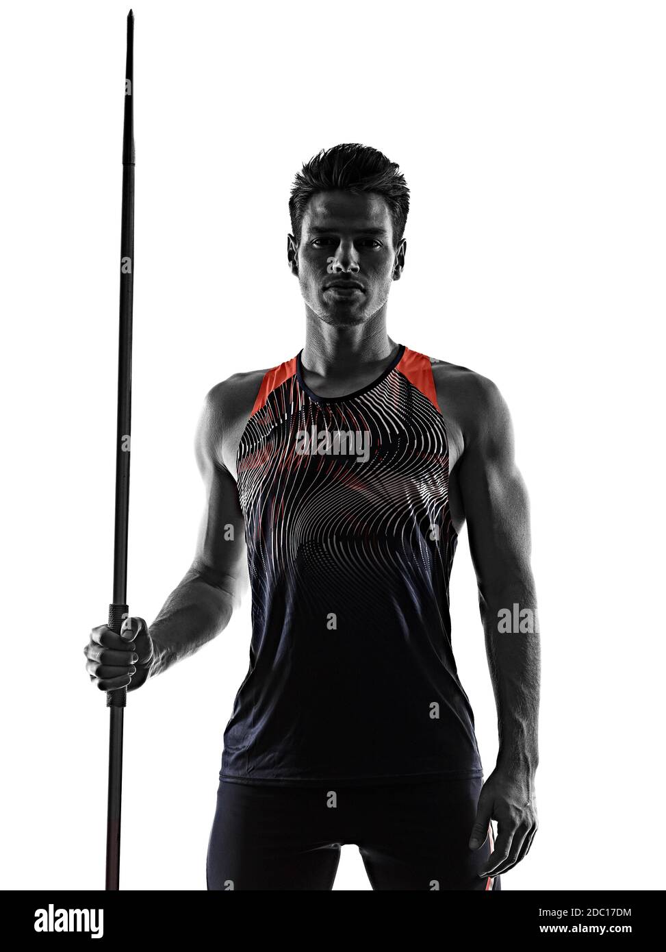 one young caucasian athlete man practicing Javelin athletics in studio ...