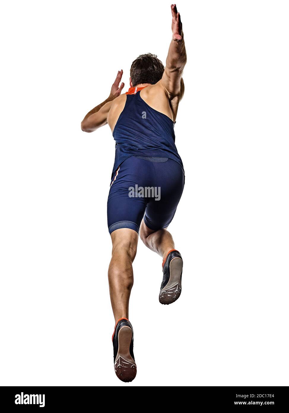 one young caucasian man practicing athletics runner running sprinter ...