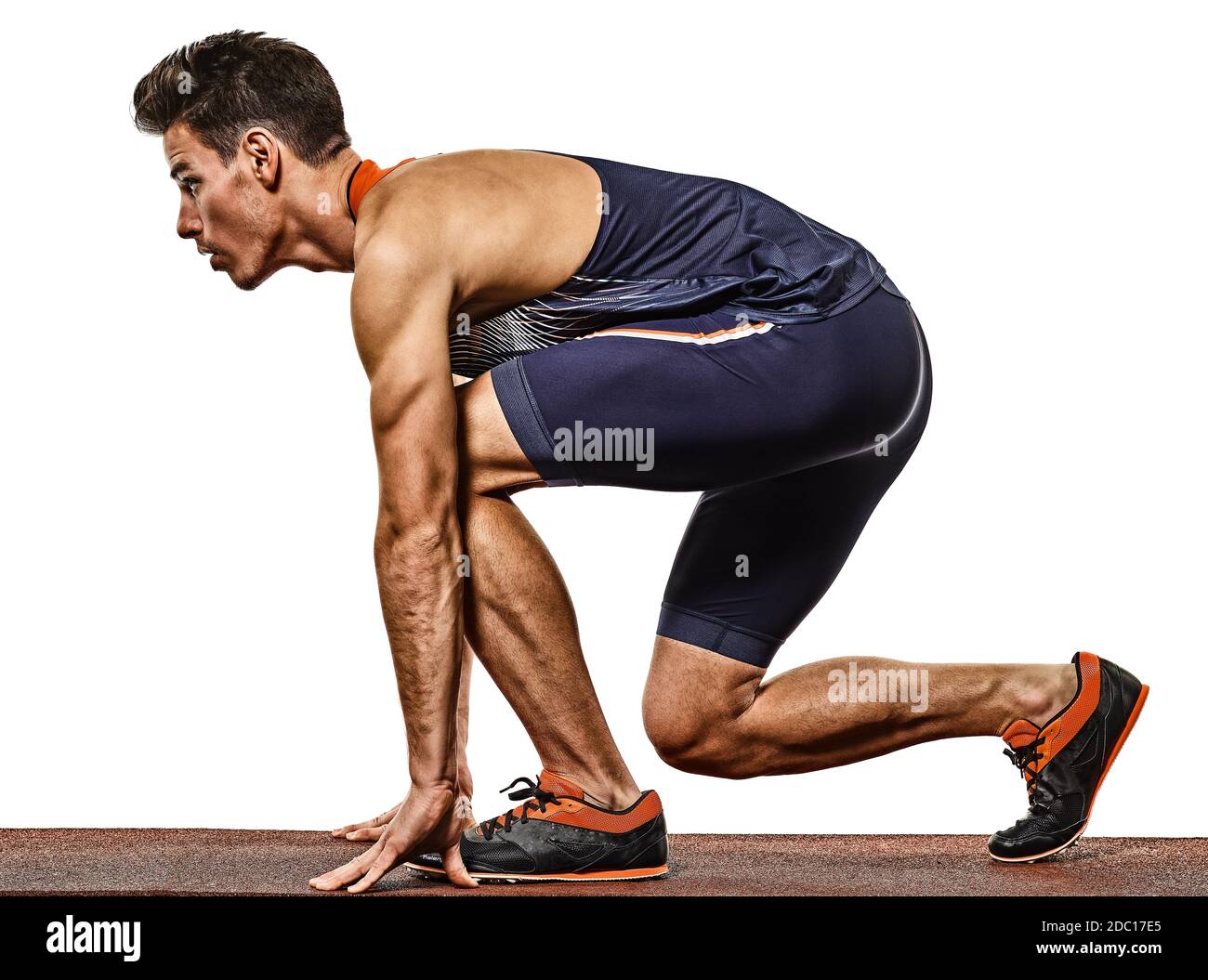 one young caucasian man practicing athletics runner running sprinter ...