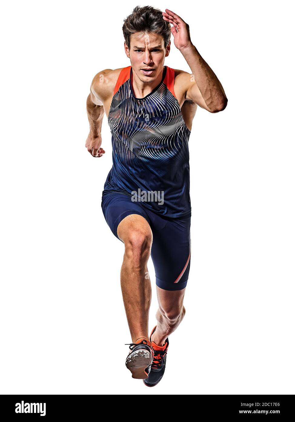 one young caucasian man practicing athletics runner running sprinter ...