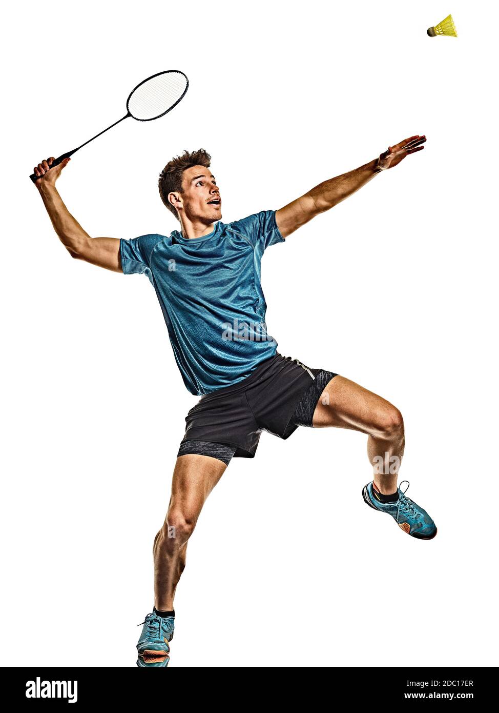 one caucasian young Badminton player man in studio isolated on white ...