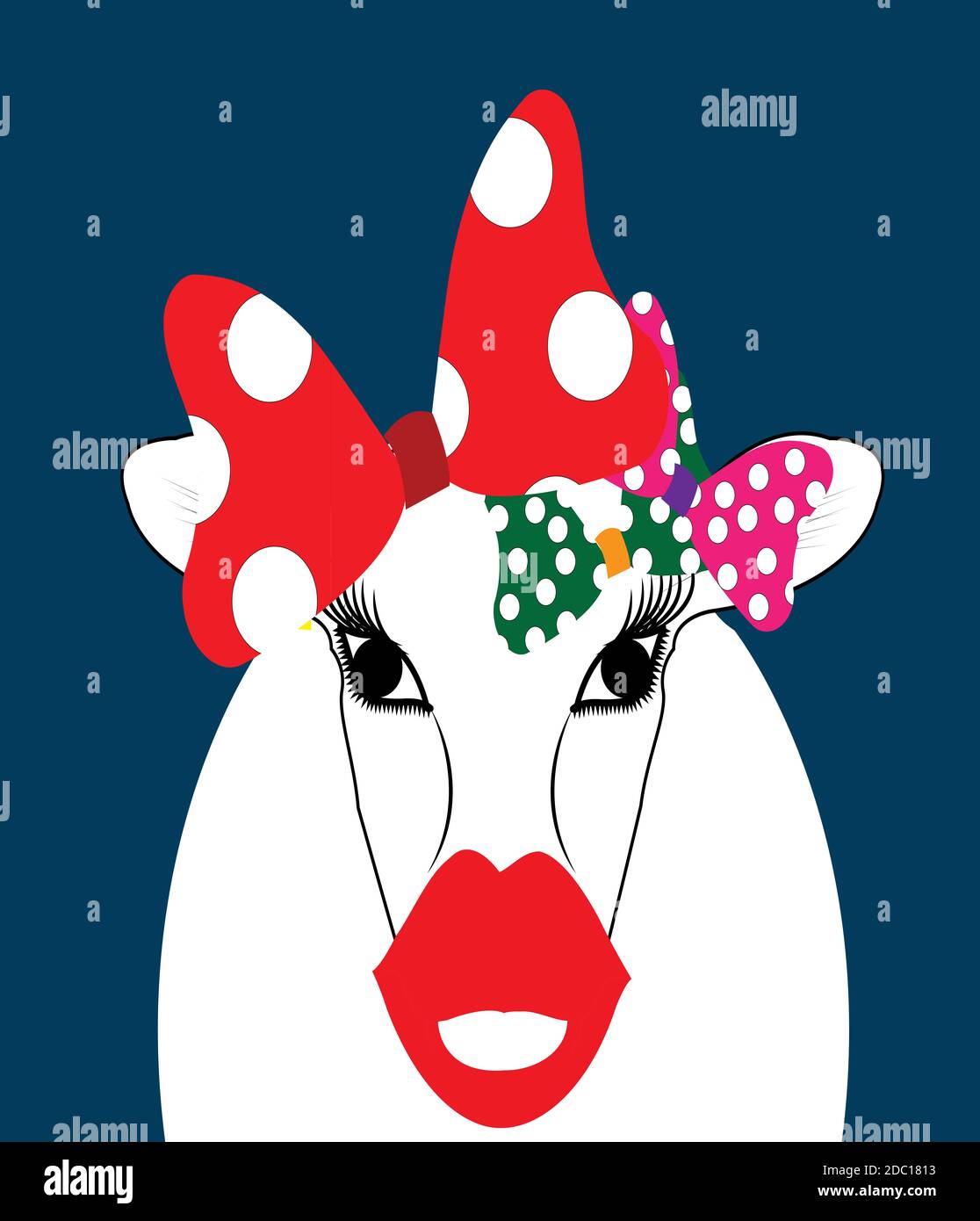 illustration of a close up cow with ribbons and big red lips and long ...