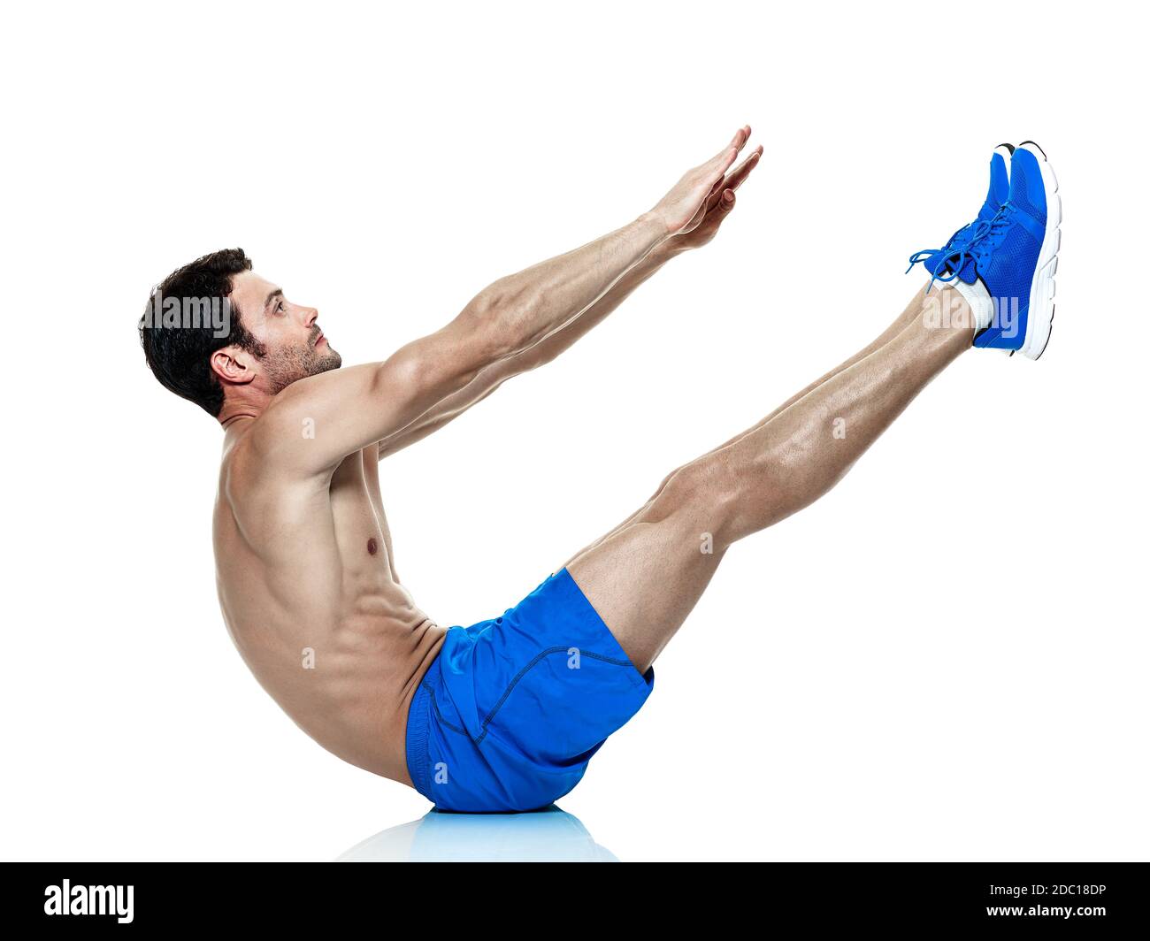 one caucasian man exercising fitness exercises isolated on white ...