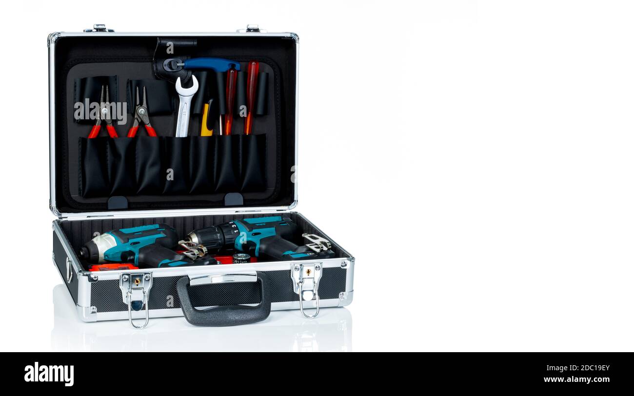 Toolbox isolated on white background. Black toolbox with tools. Pliers ...