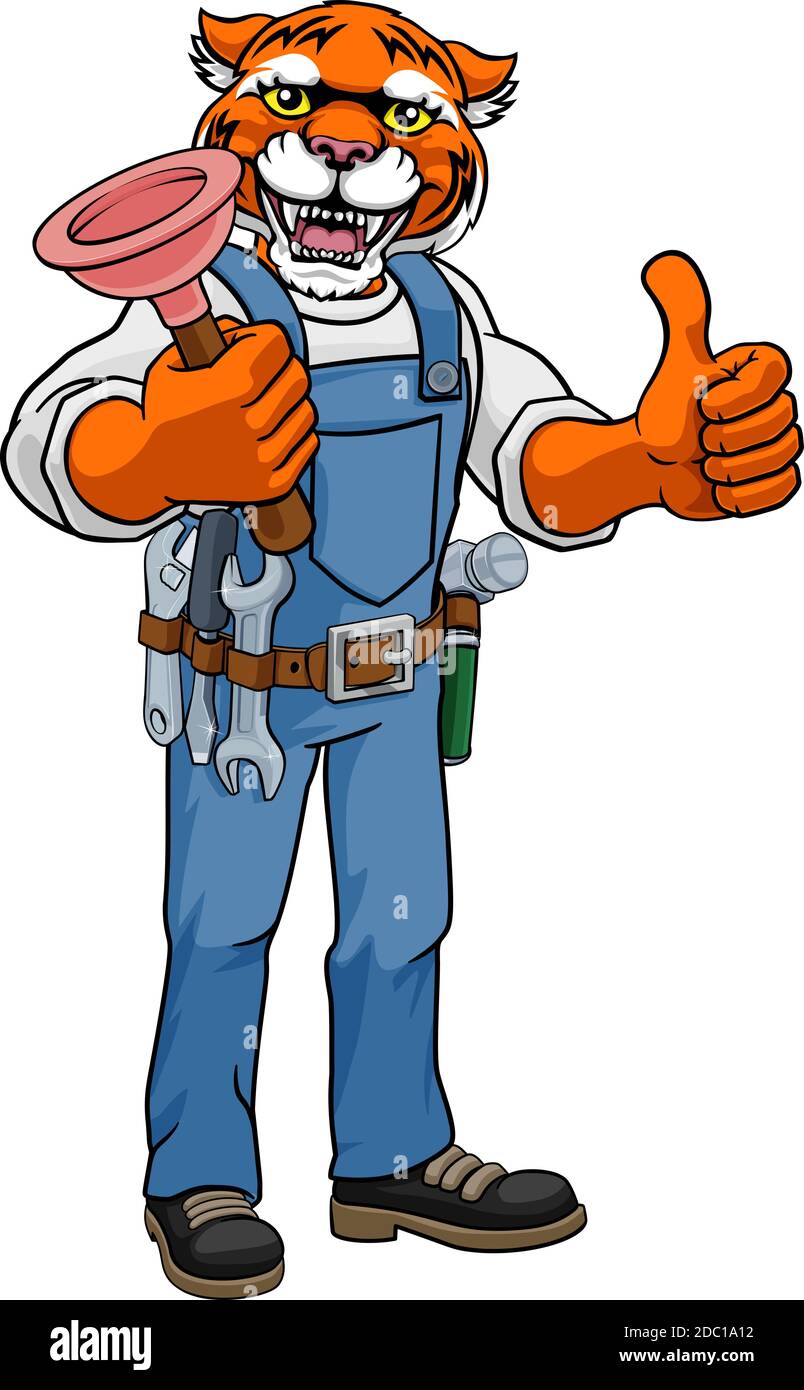 Tiger Plumber Cartoon Mascot Holding Plunger Stock Vector Image & Art ...