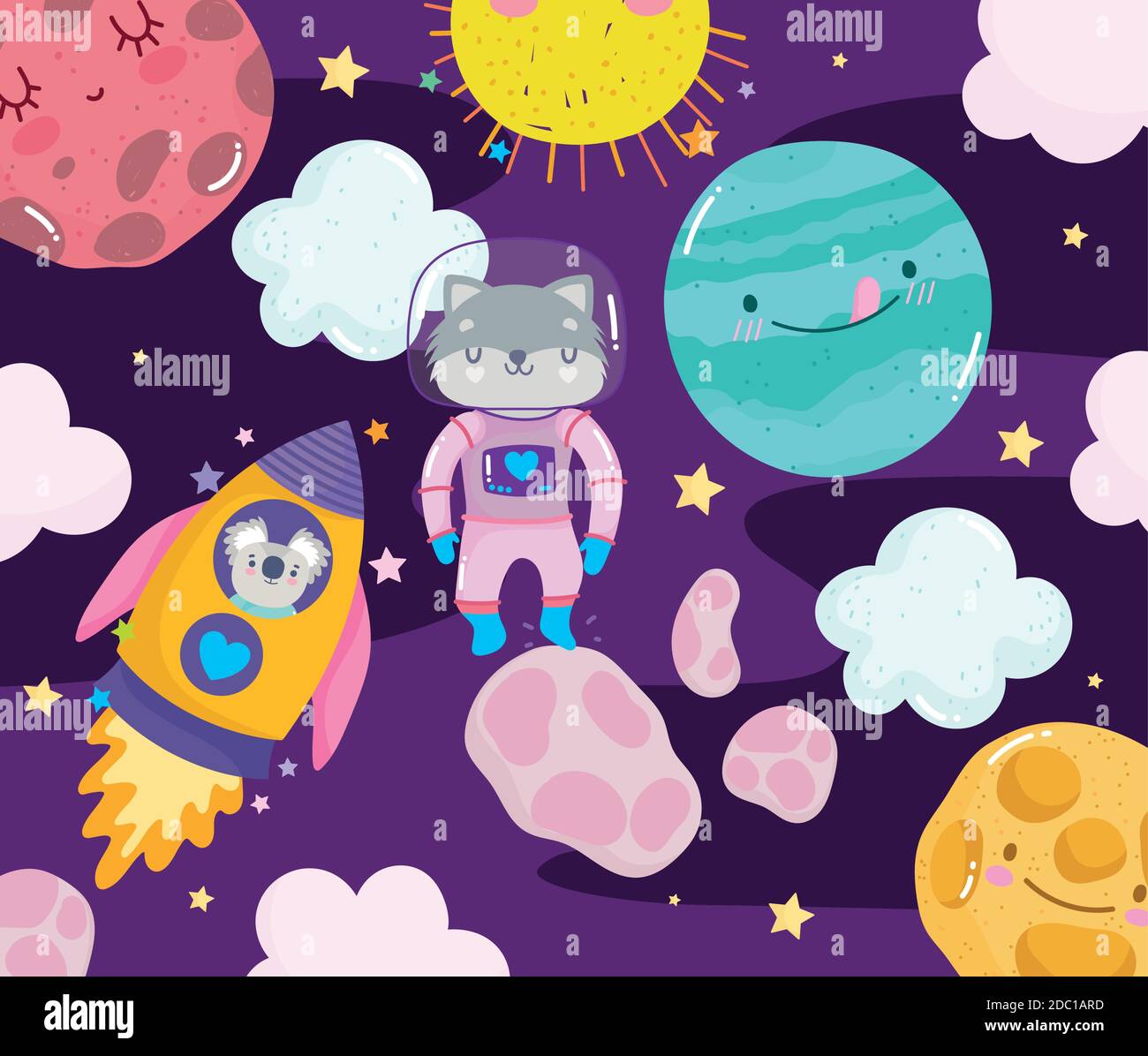 space raccoon astronaut rocket planet sun and clouds adventure galaxy ...