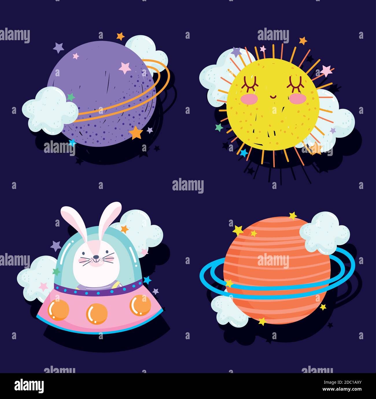space adventure galaxy cartoon in style icons set planet ufo sun and ...