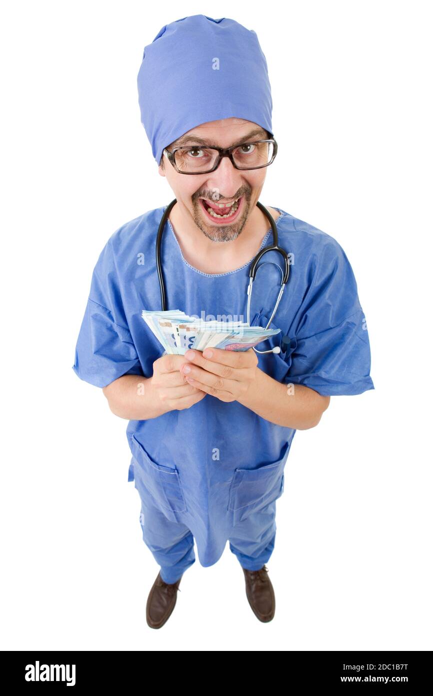 silly male doctor full length with money, isolated on white background ...