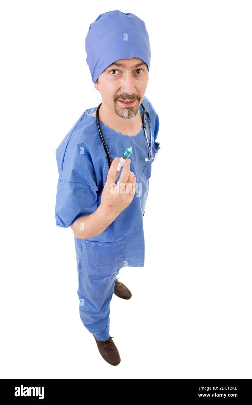 silly doctor with a syringe, full length, isolated on white background ...