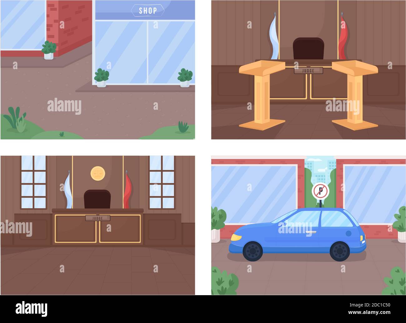 Courthouse and crime area flat color vector illustration set Stock ...