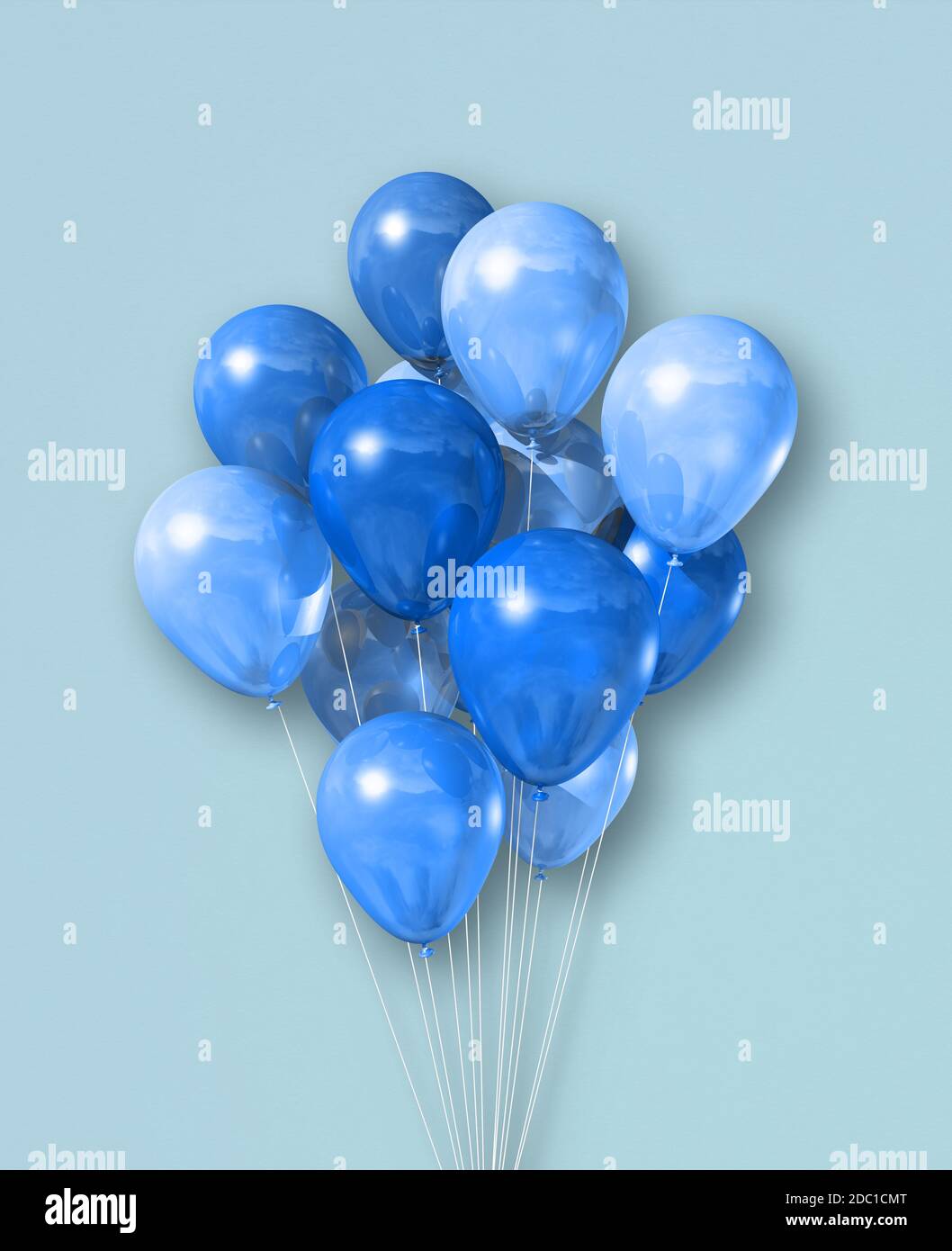 Cyan air balloons group isolated on a light blue background. 3D ...