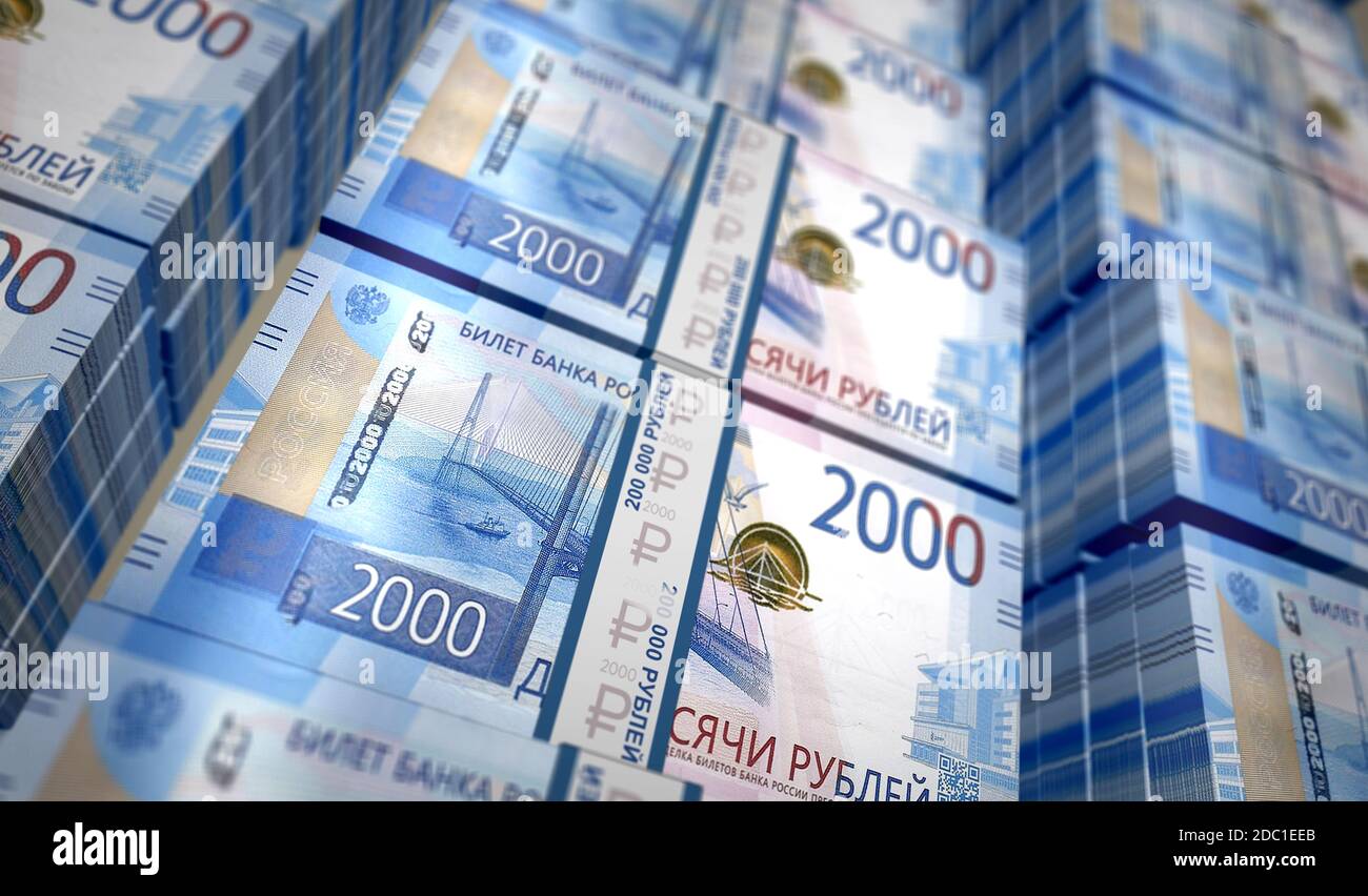 Russian Ruble money pack 3d illustration. 2000 RUB banknote bundle ...