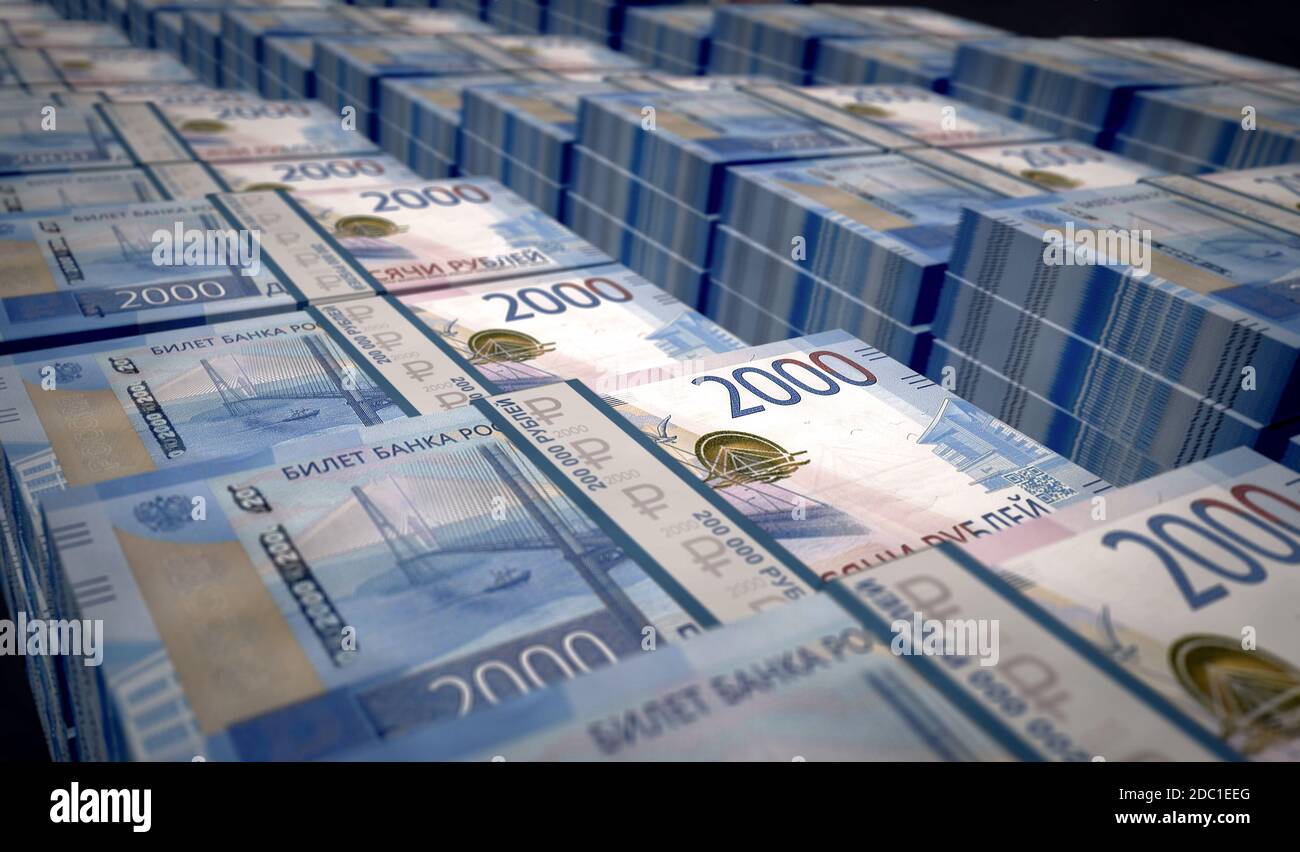 Russian Ruble money pack 3d illustration. 2000 RUB banknote bundle ...