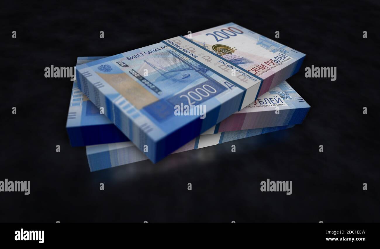 Russian Ruble money pack 3d illustration. 2000 RUB banknote bundle ...