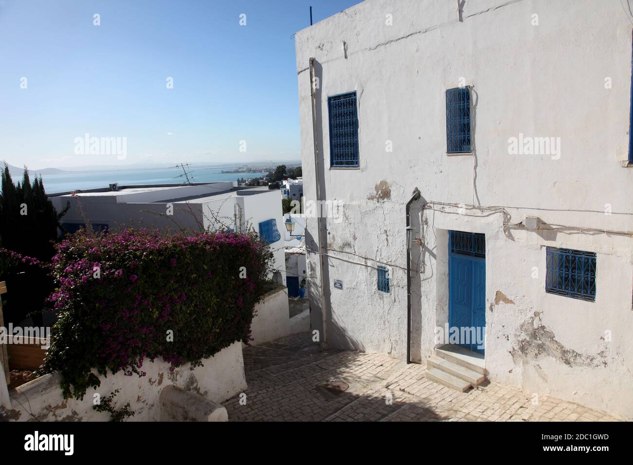 Sidi Bou Said - typical building with white walls, blue doors and ...